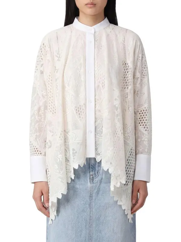 La DoubleJ Relaxed Fit Lace Shirt With Mandarin Collar And Asymmetrical Hem - White