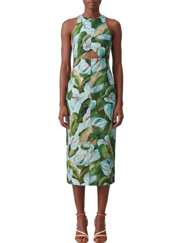 Farm Rio Anthurium Leaves Floral Print Linen Blend Midi Dress With Cut-out Detail - Green