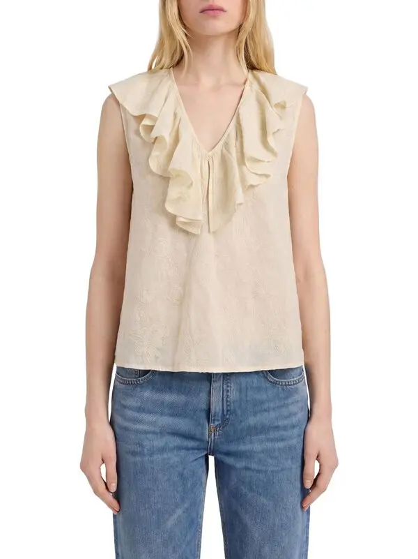 Momoni Sleeveless Cotton V-neck Blouse With Ruffles - Beige