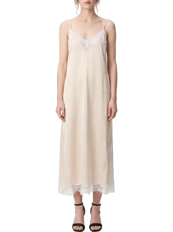 MES DEMOISELLES Silk Midi Slip Dress With Lace Inserts - Nude