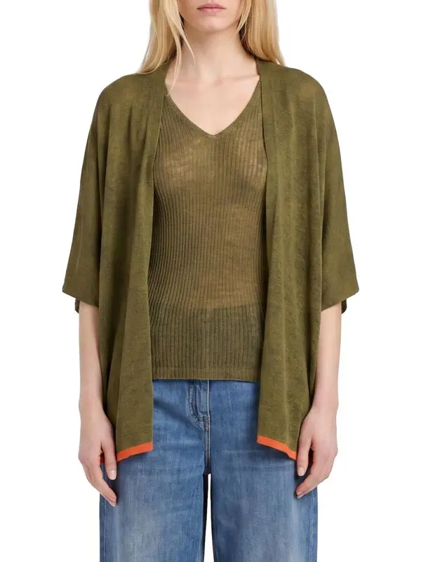 Momoni Open-front Cardigan In Linen Blend With Contrast Trims - Sage