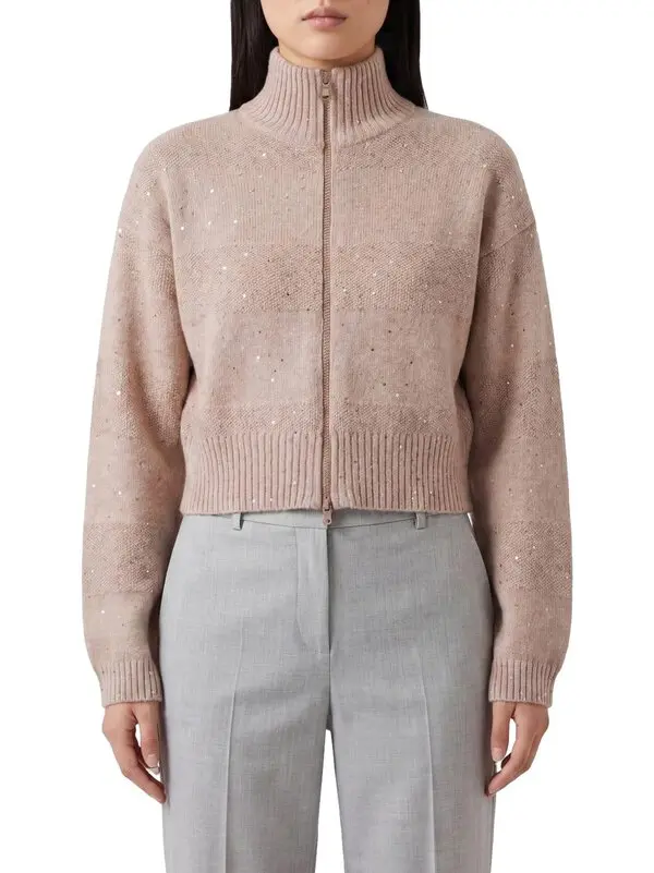 Brunello Cucinelli Cotton Zip-up Cardigan With Sequins - Beige