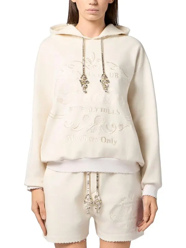 Philipp Plein Tennis Club Cotton Hoodie With Jeweled Drawstring - White