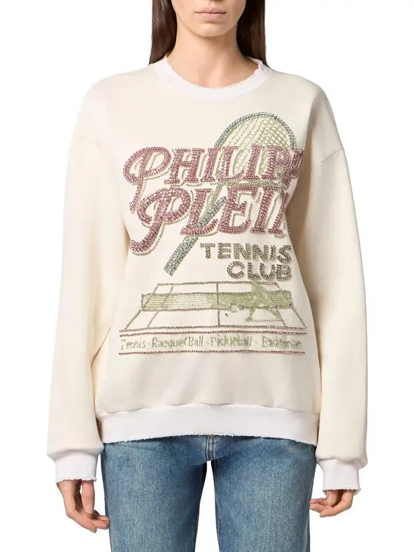 Philipp Plein Tennis Club U-back Rhinestone Logo Sweatshirt - White