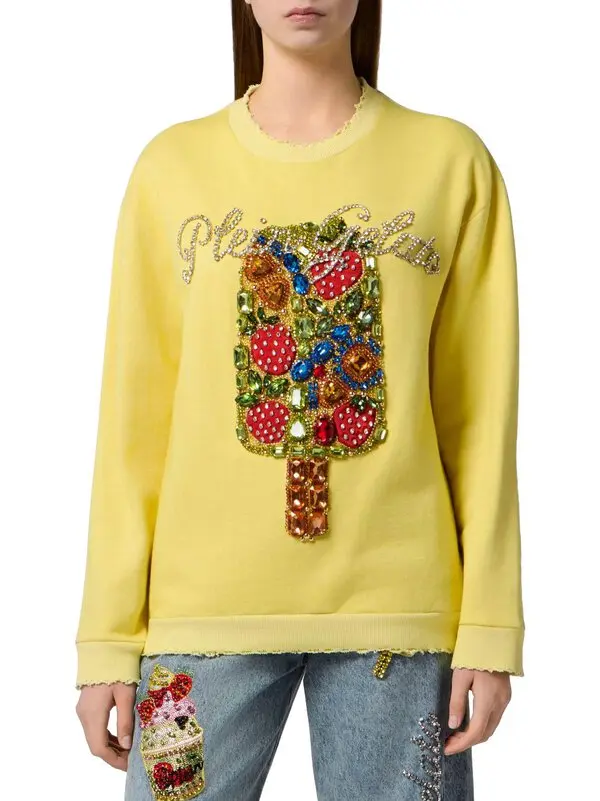 Philipp Plein Cotton Crewneck Sweatshirt With Rhinestone Embellishments And Frayed Hem - Yellow
