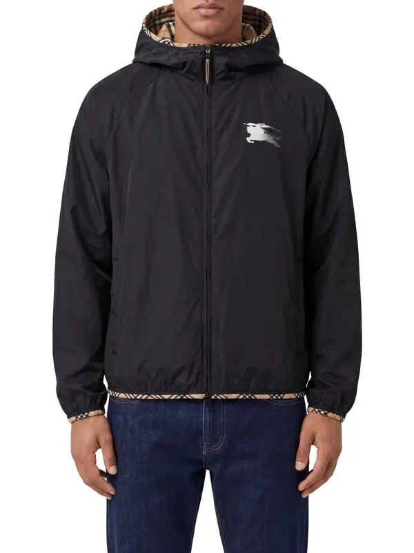 Burberry Nylon Hooded Windbreaker Jacket With Contrast Logo - Black