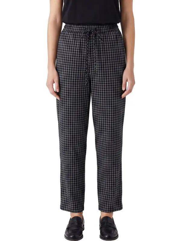 DUNST Straight Leg Check Cotton Blend Trousers With Elasticated Waist And Drawstring - Black