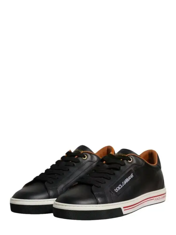 Dolce & Gabbana Leather Low-top Sneakers With Logo Patch And Striped Sole - Black