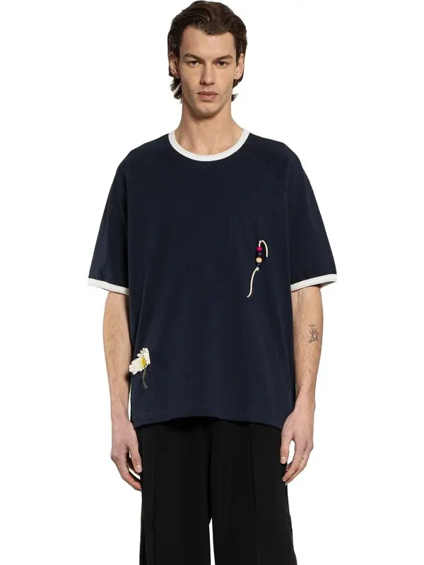 SONG FOR THE MUTE Flower Embellished Raglan Short Sleeve Tee - Blue