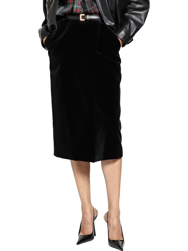Saint Laurent Midi Wrap Skirt In Cotton Velvet - Black