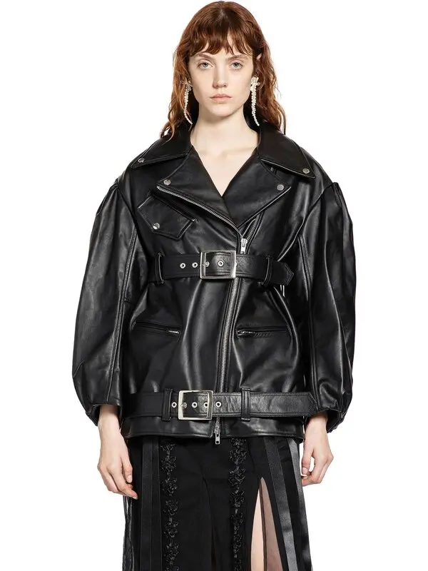 Simone Rocha Leather Puffed Sleeve Belted Biker Jacket - Black