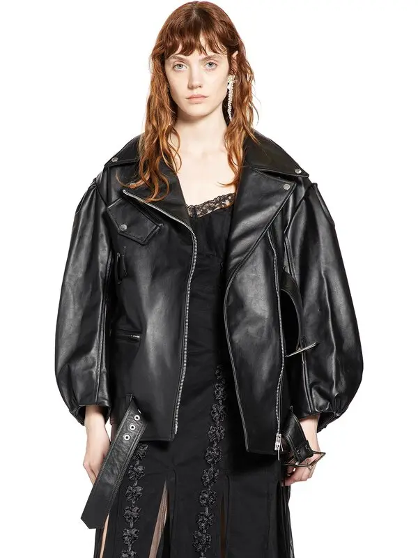 Simone Rocha Leather Puffed Sleeve Belted Biker Jacket - Black