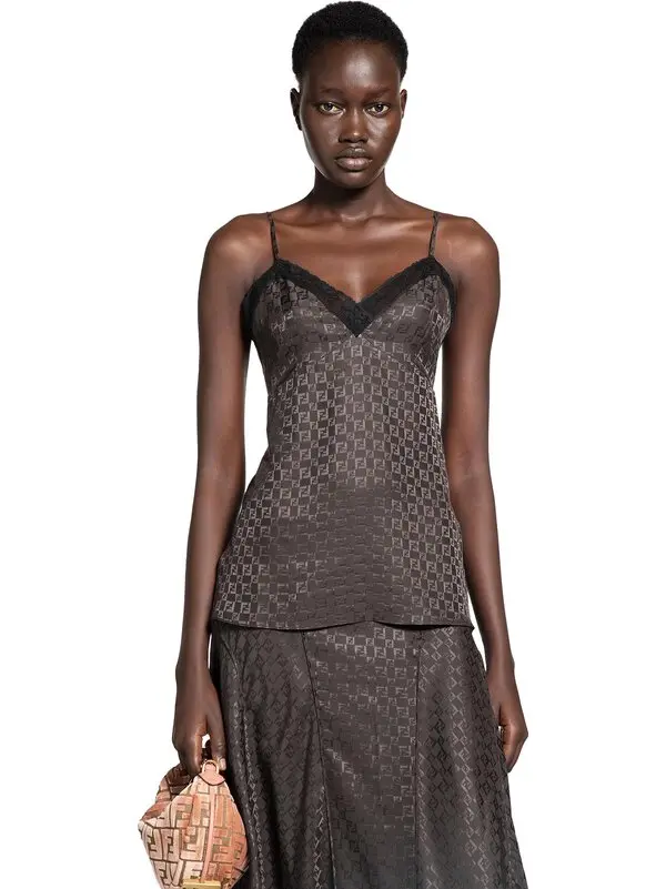 Fendi Ff Silk Jacquard Slip Top With Lace Trim - Brown