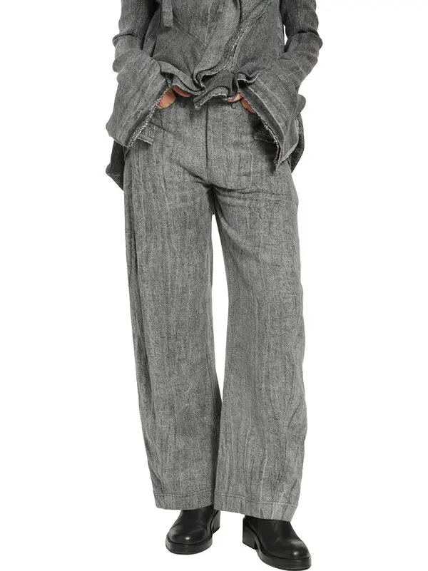 YEHUAFAN Ash- Washed Linen Twill Wide-leg Trousers - Grey