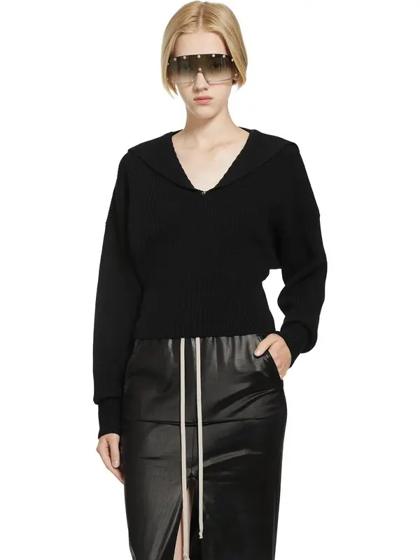Rick Owens Temple Dracula Cropped V In Heavy Fisherman Wool Knit - Black