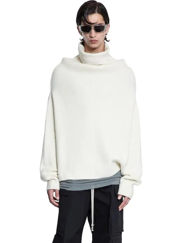 Rick Owens Alpaca Knit Draped Turtleneck Sweater - White