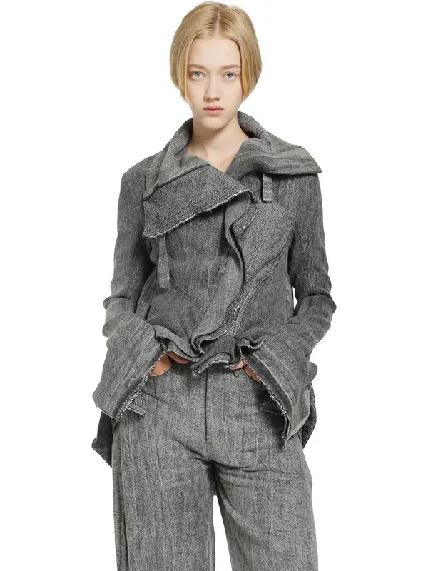 YEHUAFAN Linen Jacket With Oversized Collar And Asymmetric Zip - Grey