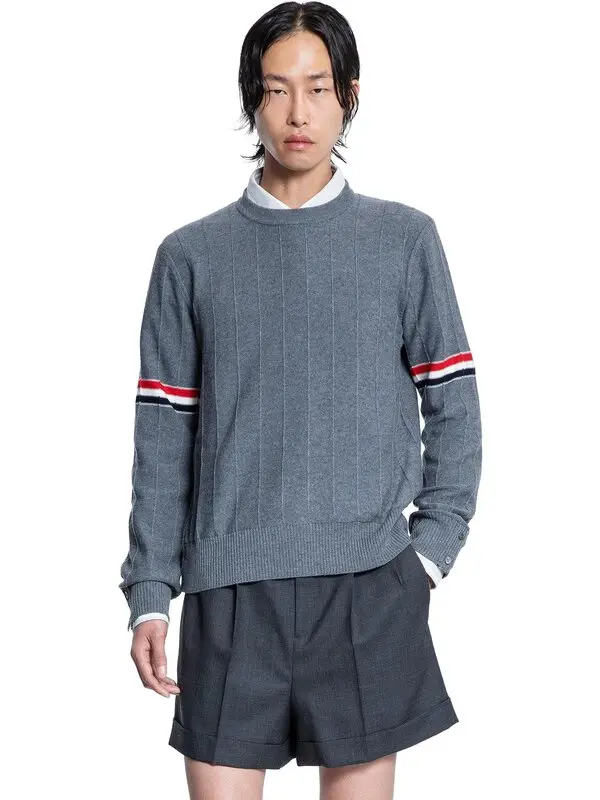 Thom Browne Pinstripe Wool Knit Relaxed Sweater With Signature Armbands - Grey