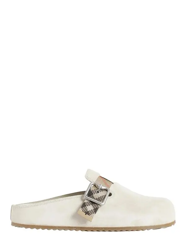 Burberry Suede Urchin Clogs With Check Webbing Strap - Off-white