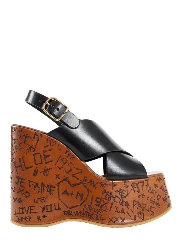 Chloé Maxime Wedge Sandals With Criss-cross Straps And Engraved Detailing - Black