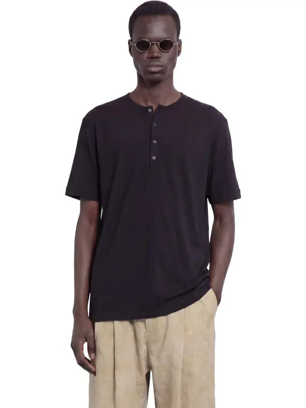 ZIGGY CHEN Henley Neck Gathered T-shirt - Black