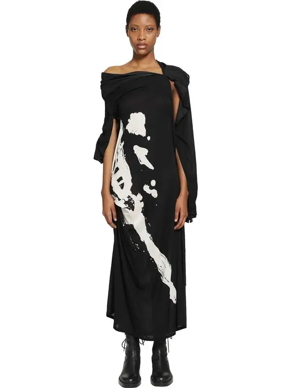 Yohji Yamamoto Long Sleeve Off-the-shoulder Asymmetrical Graphic Print Dress - Black