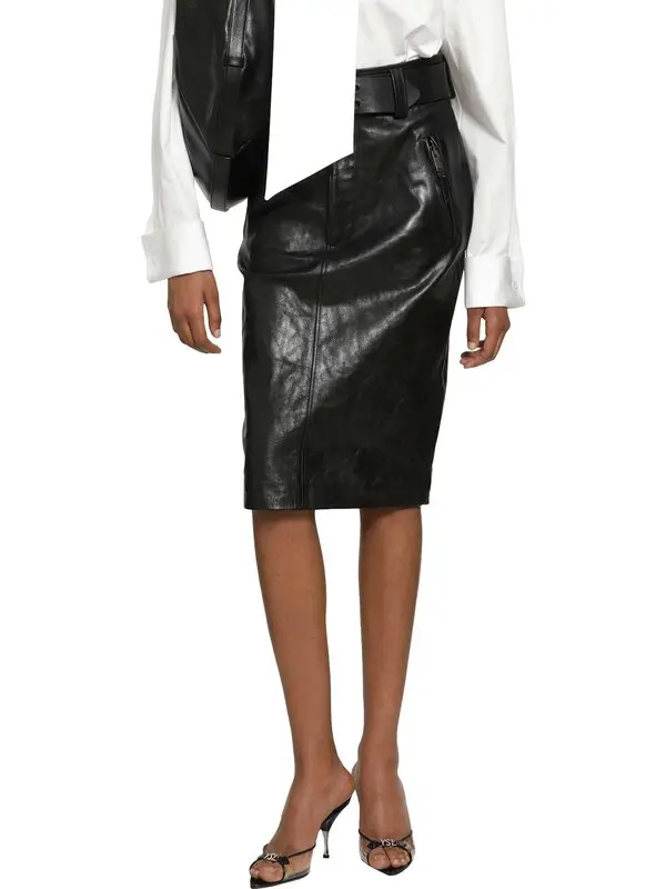 Saint Laurent Belted Pencil Skirt In Creased Leather - Black