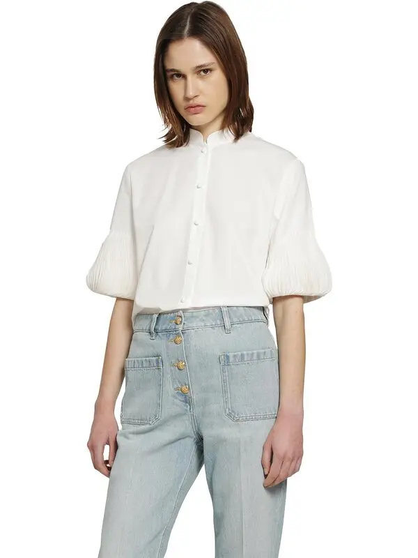 Valentino Garavani Pleated Cuff Cotton Poplin Short Sleeve Shirt - White