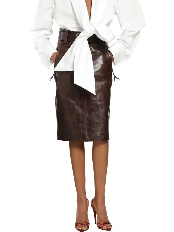 Saint Laurent Belted Pencil Skirt In Creased Leather - Brown