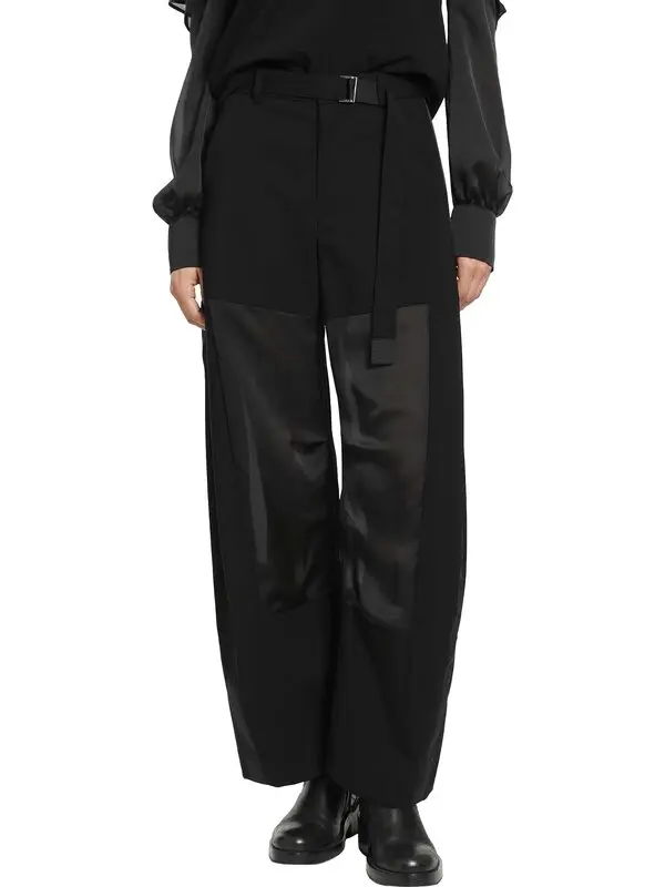 Sacai Wool Twill Wide-leg Pants With Spliced Sheer Panels - Black