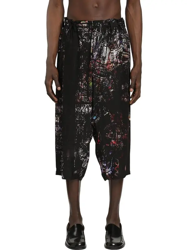 Yohji Yamamoto Silk Satin Stained Glass Print Bermuda Shorts - Black