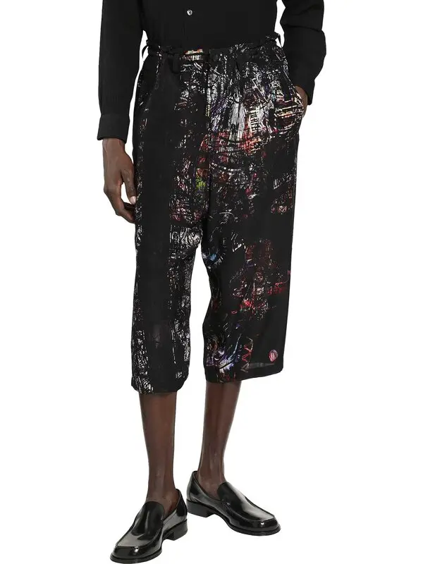 Yohji Yamamoto Silk Satin Stained Glass Print Bermuda Shorts - Black