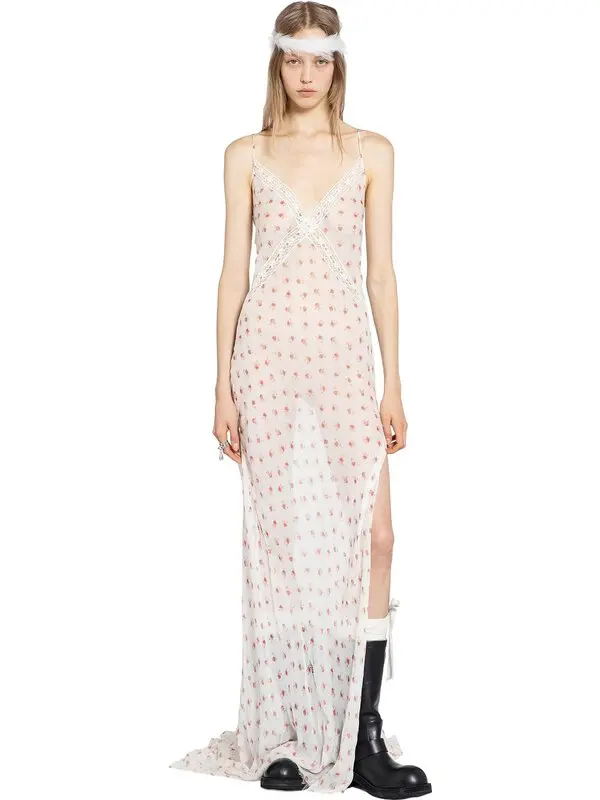 ANN DEMEULEMEESTER Printed Viscose Bias Cut Maxi Dress With Lace Trims - White