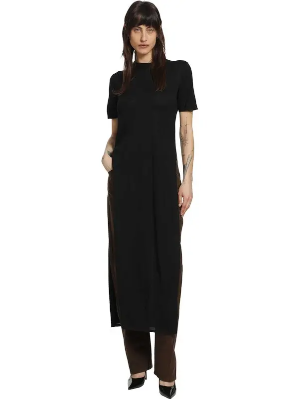 Saint Laurent Wool Knitted T-shirt Dress With Side Slits - Black