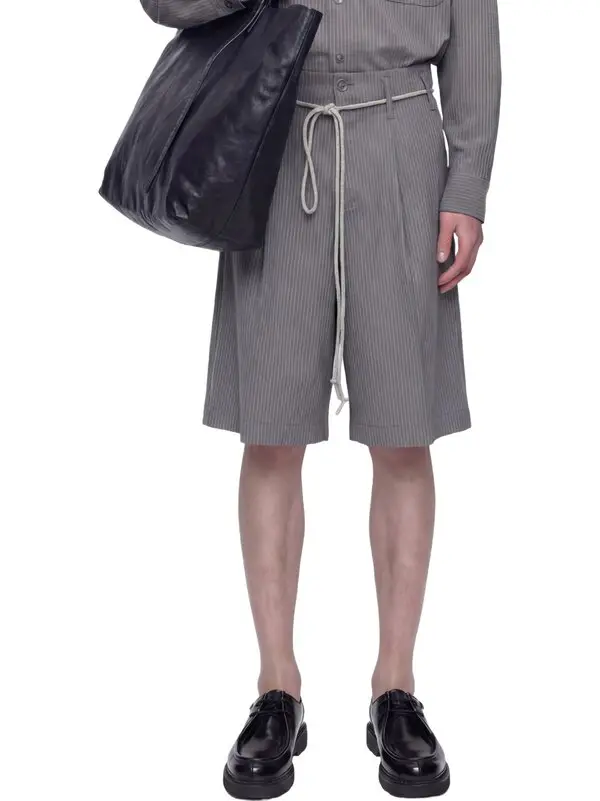 SONG FOR THE MUTE Double Pleated Pinstriped Gabardine Shorts - Grey