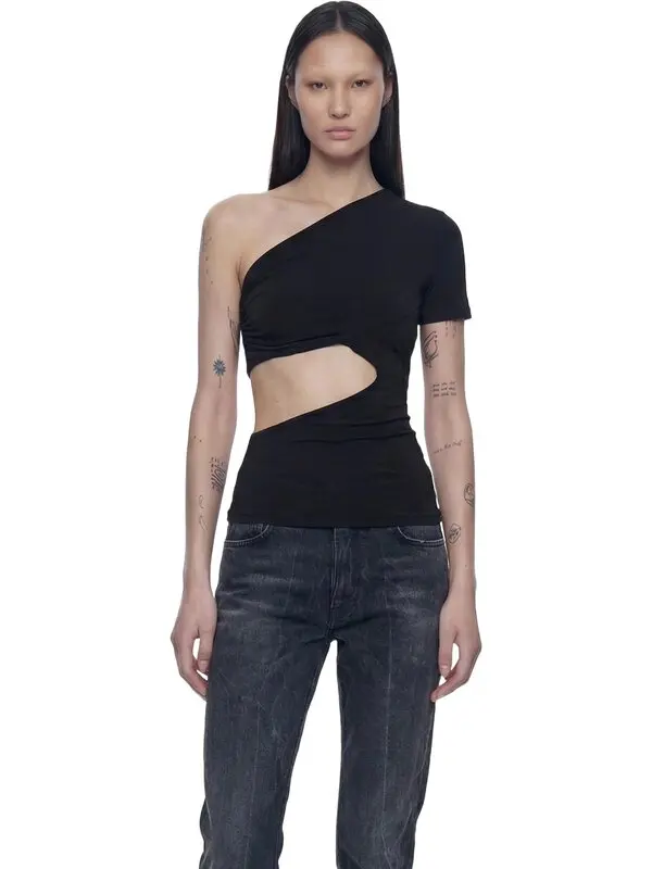 NVL GARDE One Shoulder Asymmetrical Cut-out Top - Black