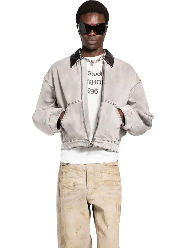 Acne Studios Faded Denim Jacket With Leather Collar - Grey