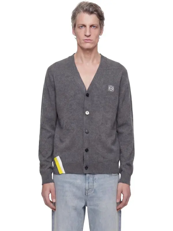 Loewe Wool V-neck Cardigan With Contrast Detailing - Grey