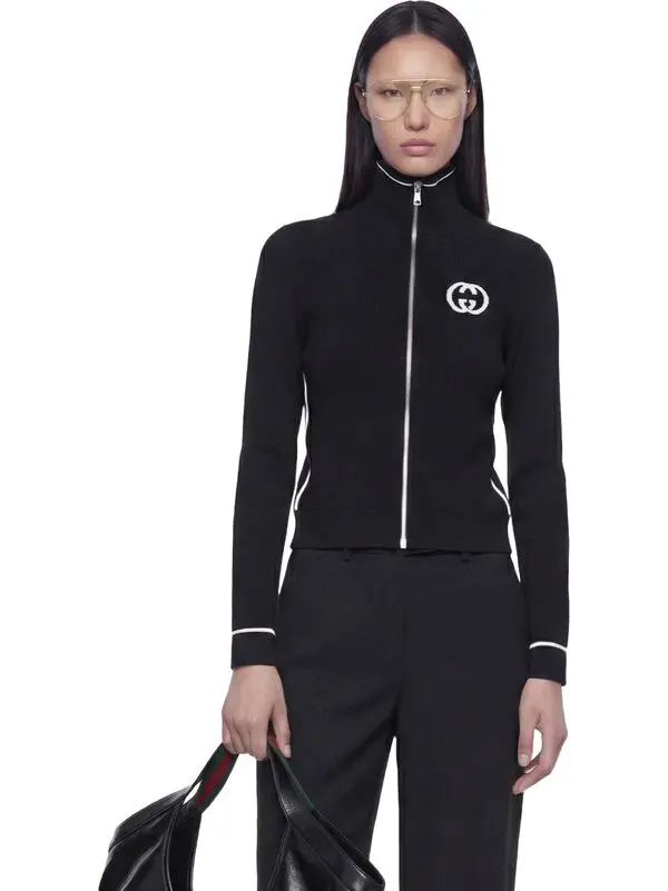 Gucci Ribbed Zip Jacket With Interlocking G Intarsia - Black