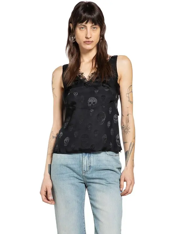 Alexander McQueen Skull Print Lace Trim Top - Black