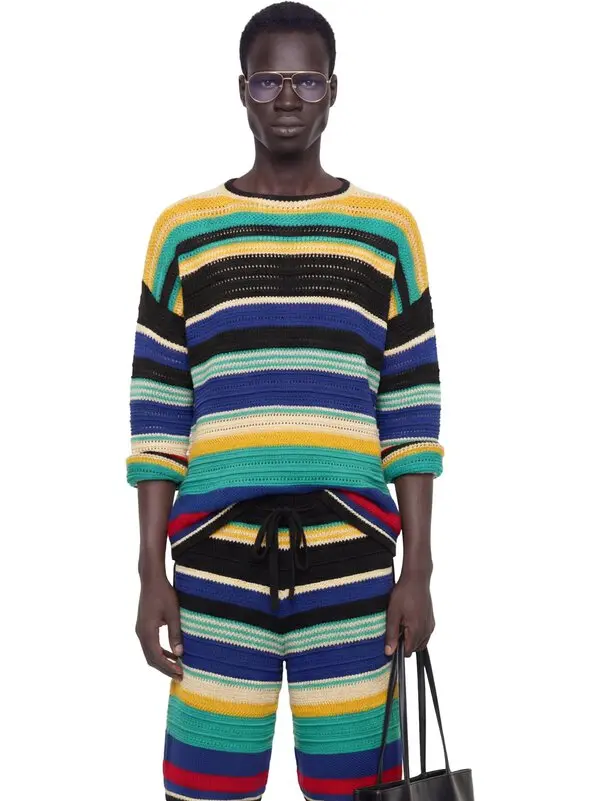 LANEUS Striped Crochet Knit Sweater - Multicolor
