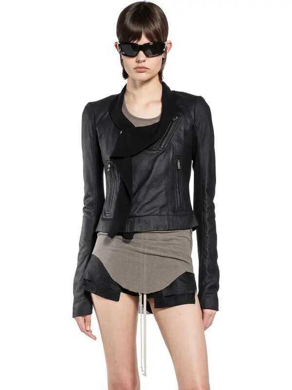 Rick Owens Lamb Leather Biker Jacket With Draped Silk Scarf - Black