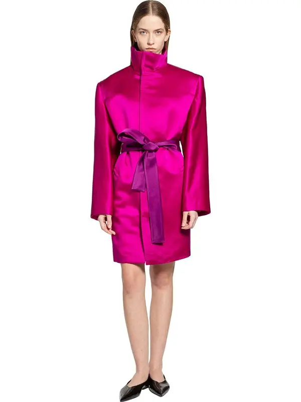 Saint Laurent Boxy Belted Coat In Silk Satin - Pink