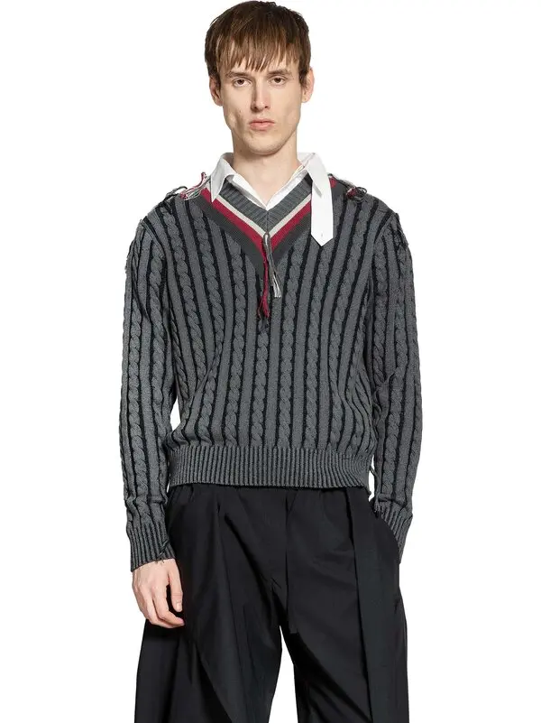 CRAIG GREEN V-neck Cable Jumper With Fringe Detail - Grey