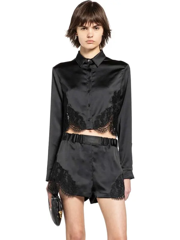 Versace Lace-trimmed Satin Cropped Shirt - Black