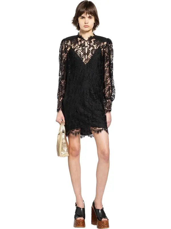 Chloé Floral Lace Mini Dress With Puffed Sleeves - Black