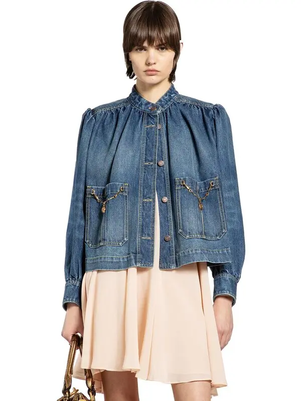 Chloé High Neck Gathered Denim Jacket With Gold Brass Horse Medal Chain - Blue