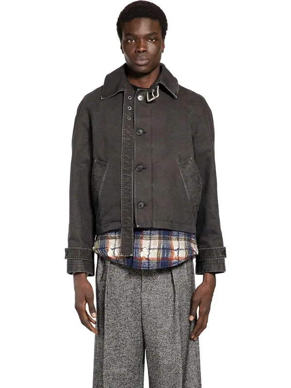 Loewe Belted Jacket In Cotton Twill With Removable Check Vest - Grey