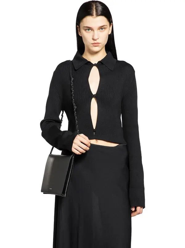 JIL SANDER Ribbed Merino Wool Polo Cardigan - Black