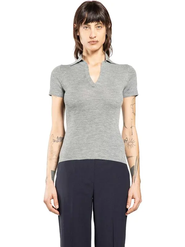 Max Mara Ribbed-knit V-neck Short-sleeve Polo - Grey